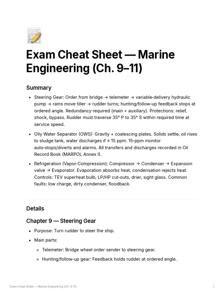 Exam Cheat Sheet Marine Engineering (Ch. 911) | PDF | Mechanical ...