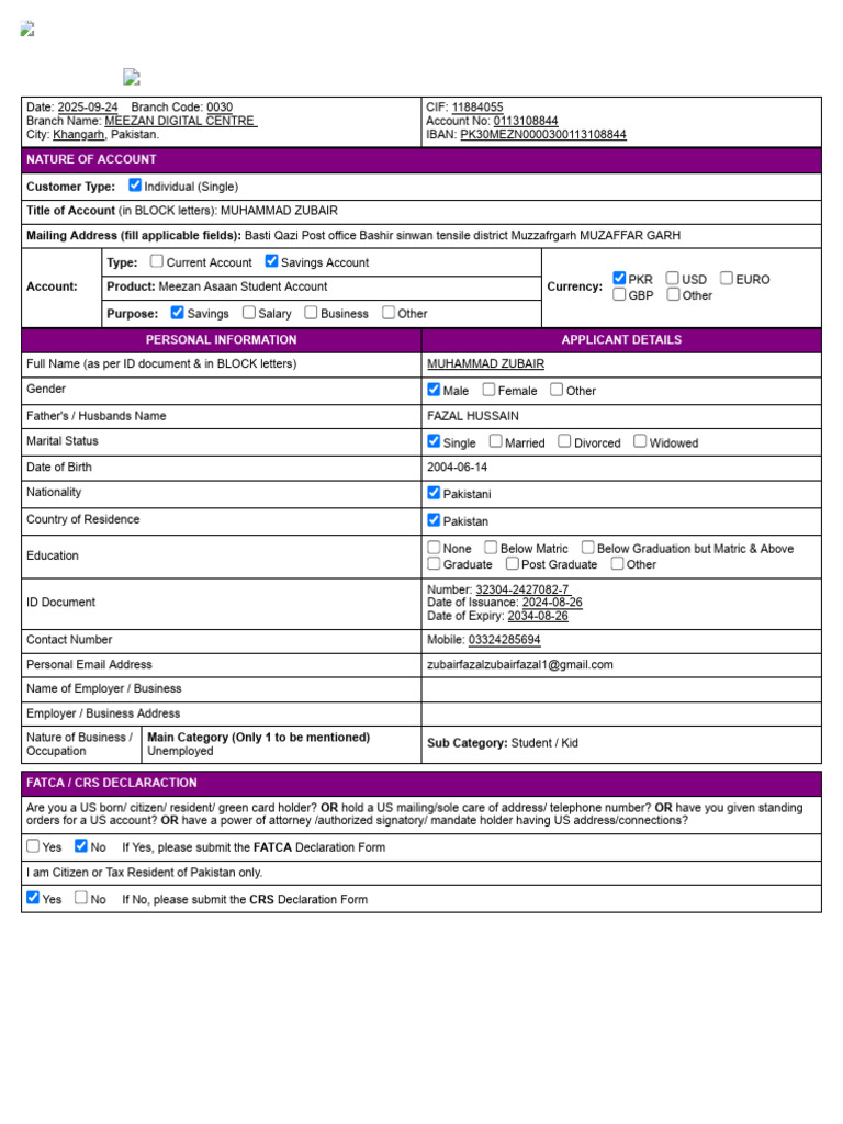 Account Opening Form Meezan Bank: (Individual, Joint and Sole ...