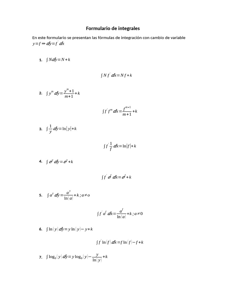 Formulario de Integrales Generalizado Con F (X) | PDF