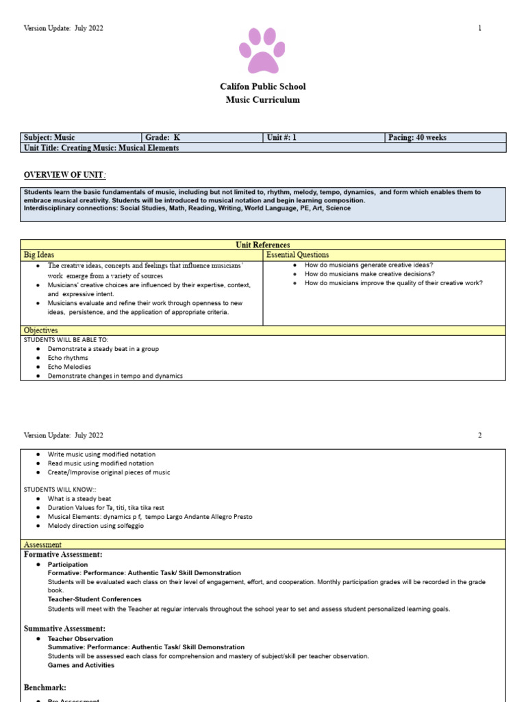 K-1 Music Curriculum Overview 2022 | PDF | Educational Assessment | Tempo