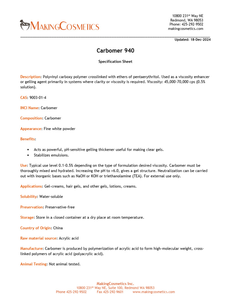 Carbomer 940 Specification Sheet | PDF | Gel | Chemical Substances
