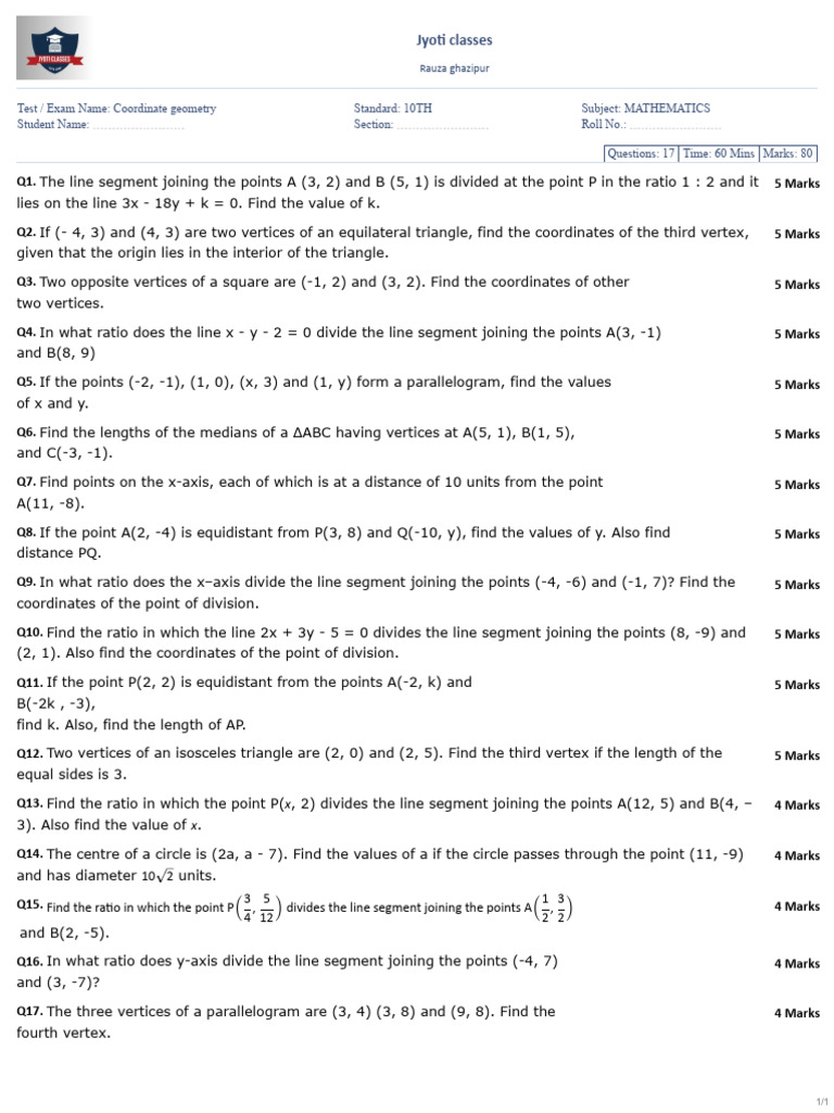 Coordinate Geometry 10TH MATHEMATICS (2) | PDF | Triangle | Circle