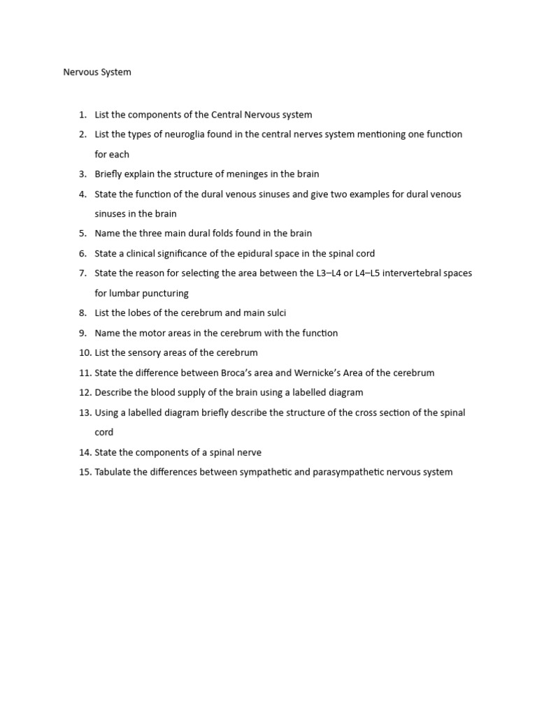Nervous System Question List | PDF