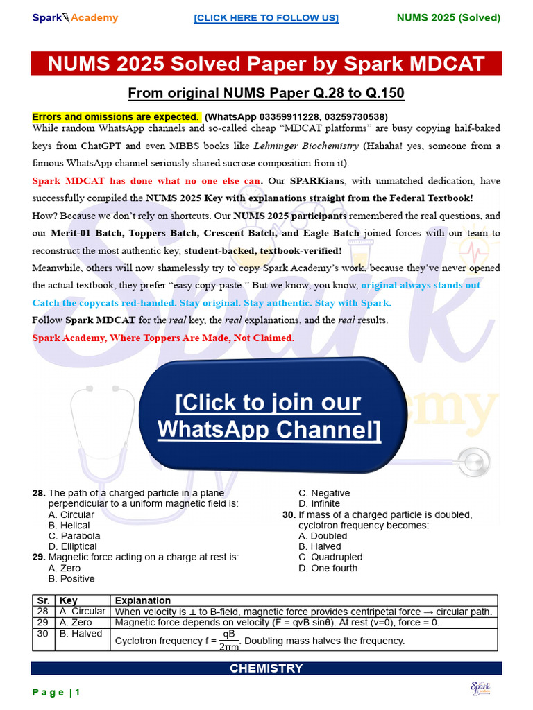 Spark MDCAT Q.28 To Q.150 NUMS 2025 Key With Explanation | PDF ...