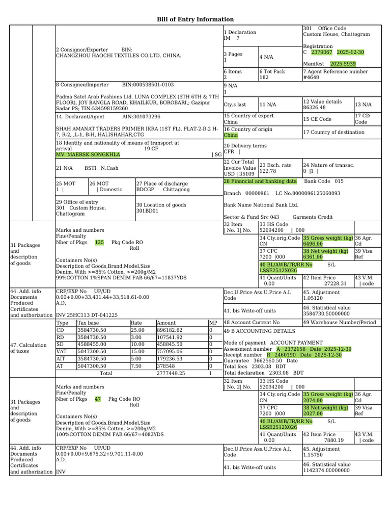 Bill of Entry for Textile Import | PDF | Money | Payments