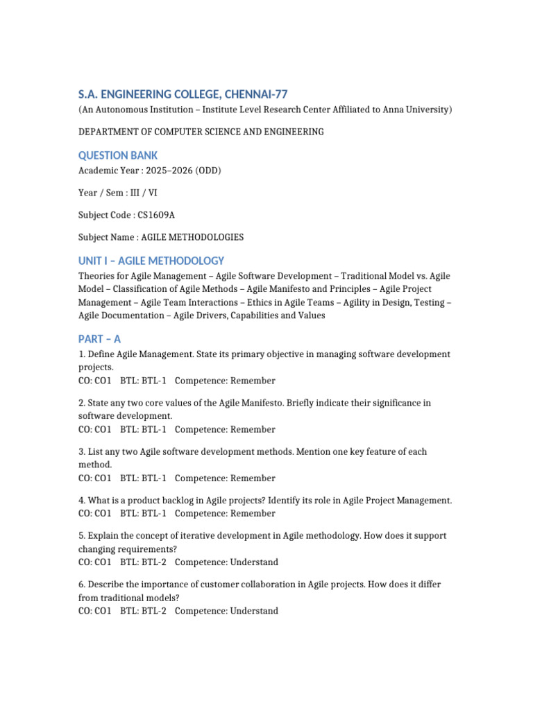 Agile Methodologies Question Bank 2025-26 | PDF | Agile Software ...
