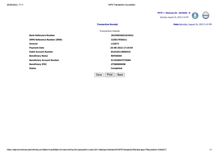 IMPS Transaction Receipt - August 2023 | PDF