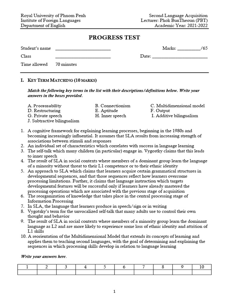 SLA - Progress Test (2021-2022) | PDF | Second Language Acquisition ...