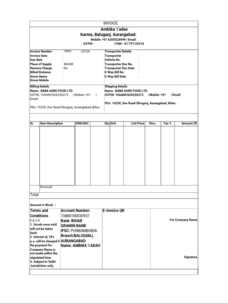 Invoice Template for BABA AGRO FOOD | PDF