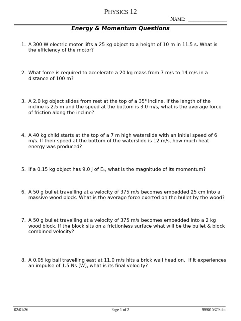 Energy and Momentum Physics Problems | PDF | Collision | Force