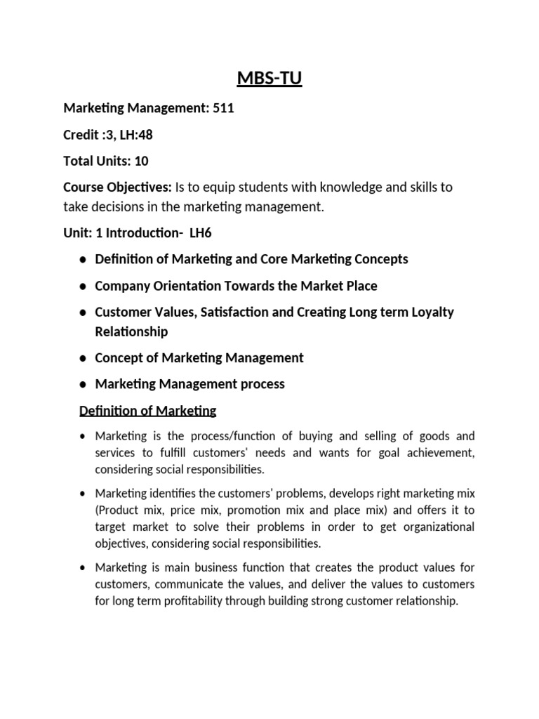 Unit 1 MBS MKT BMC | PDF | Marketing | Customer