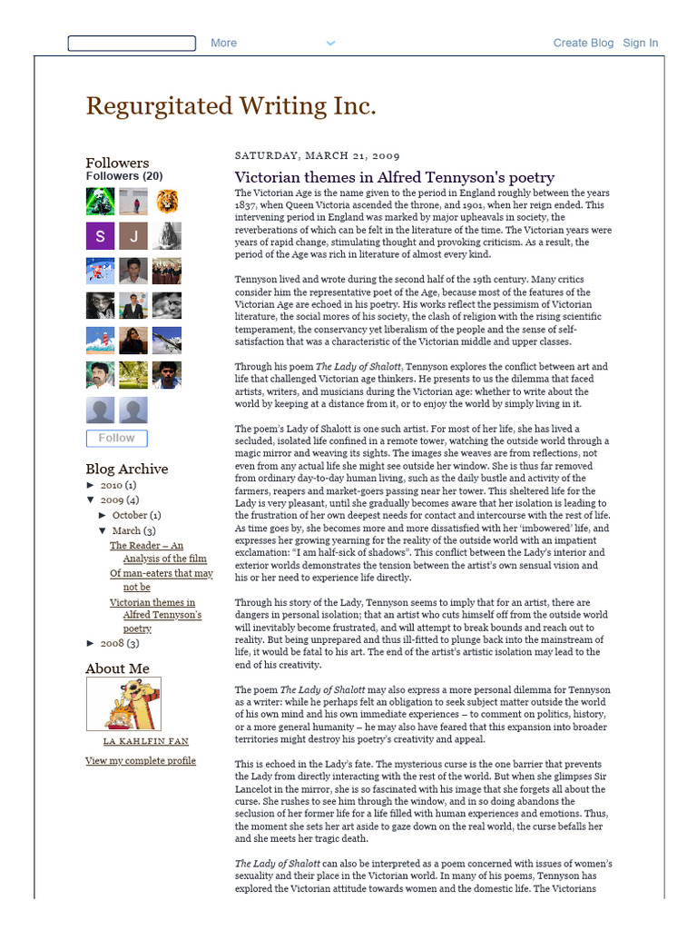 Regurgitated Writing Inc._ Victorian Themes in Alfred Tennyson's Poetry ...