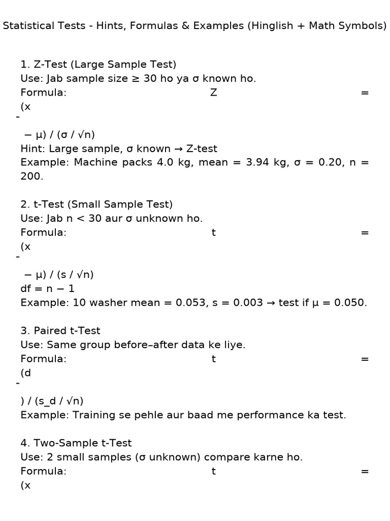 Statistical Tests Hinglish MathSymbols | PDF | Sample Size ...