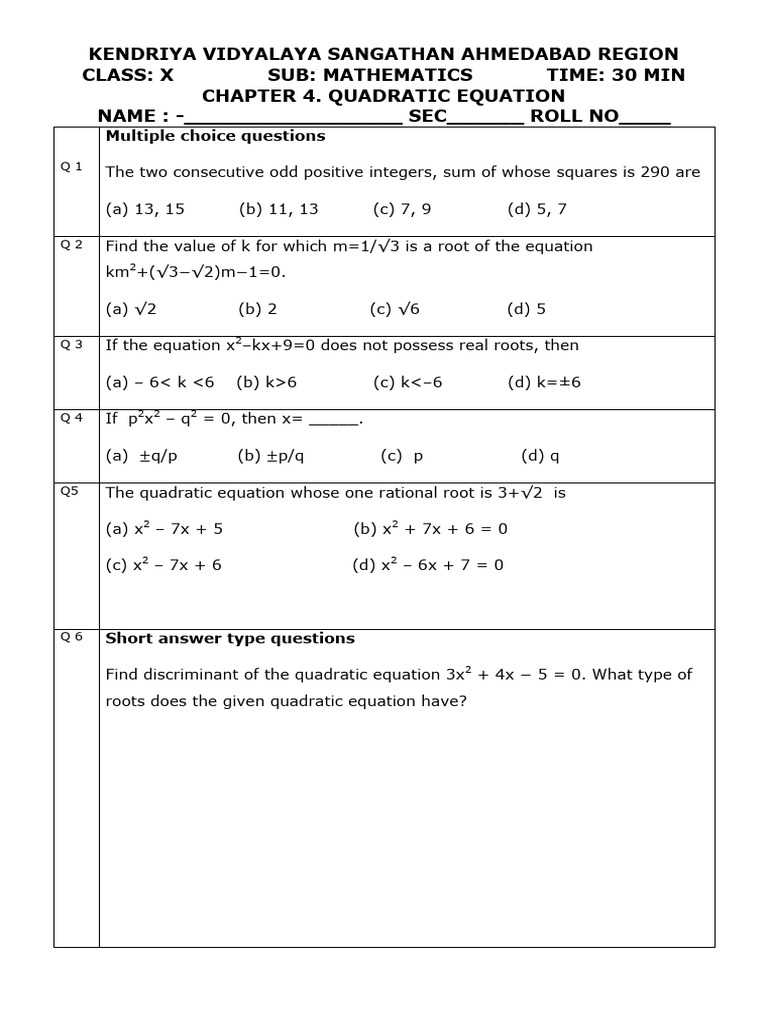 Kendriya Vidyalaya Sangathan Ahmedabad Region Class: X Sub: Mathematics ...