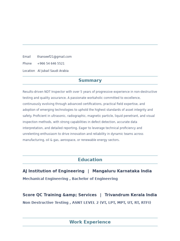 Mohammed Thanseef G NDT Inspector CV | PDF | Nondestructive Testing ...