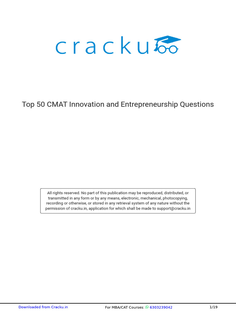 Top 50 CMAT Innovation Questions | PDF | Entrepreneurship | Startup Company
