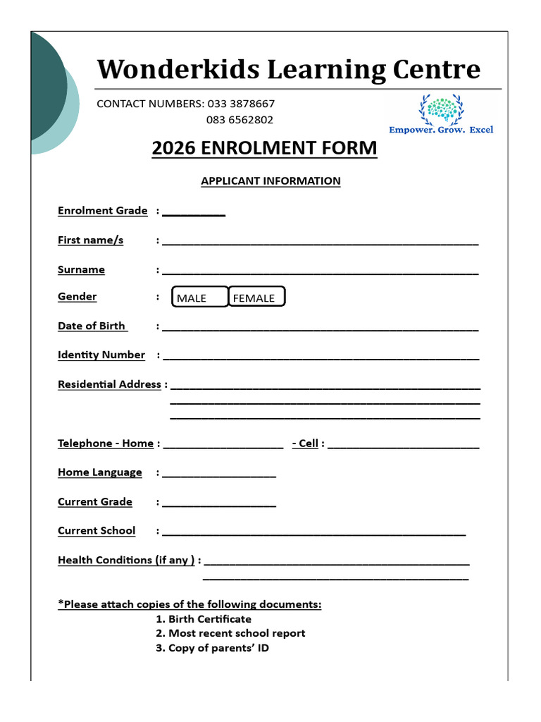 Wonderkids Learning Centre 2026 Enrolment Form | PDF