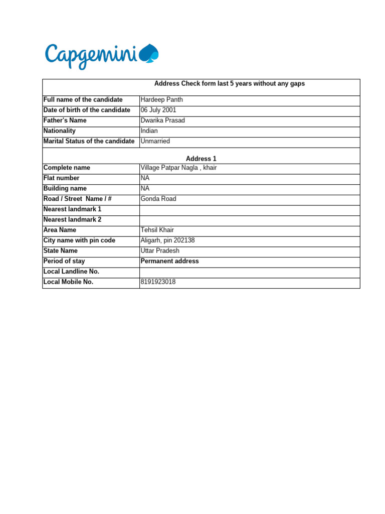 Address Check Form for Hardeep Panth | PDF