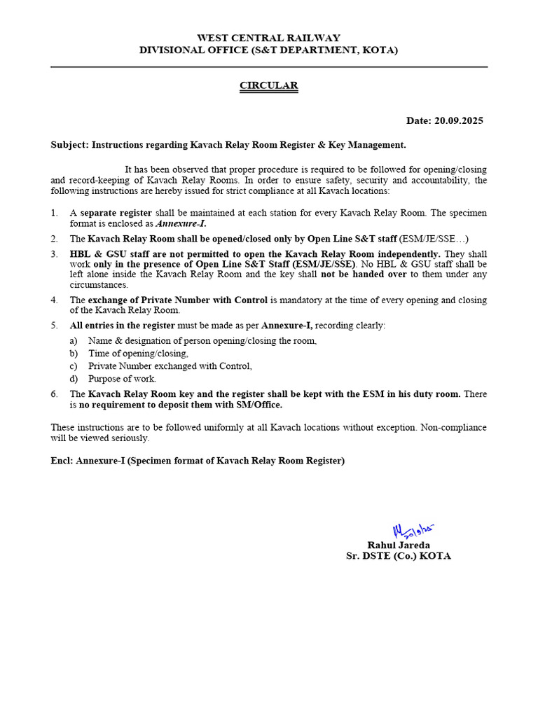 Kavach Relay Room Key Management Instructions | PDF