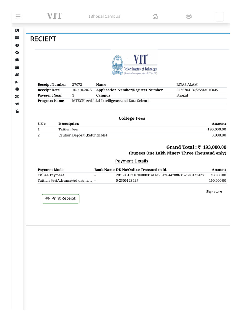 Vit Bhopal Admission Fees | PDF