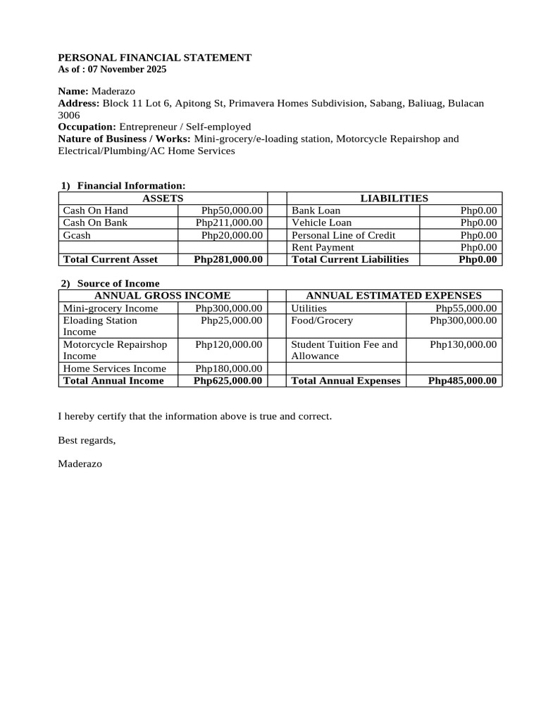 Personal Financial Statement - SC | PDF