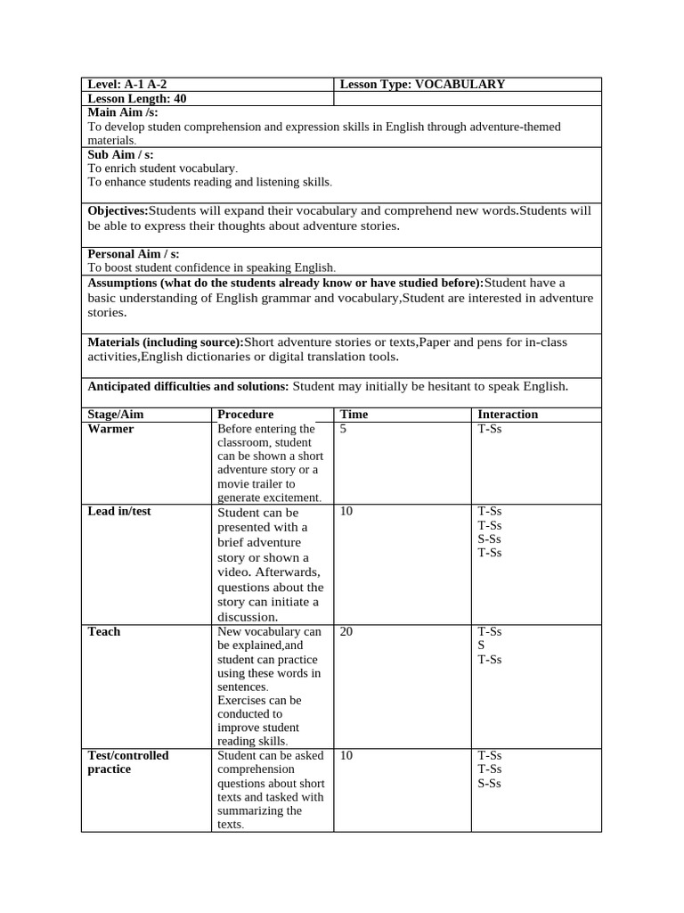 Adventure Vocabulary Lesson Plan | PDF | Reading Comprehension ...