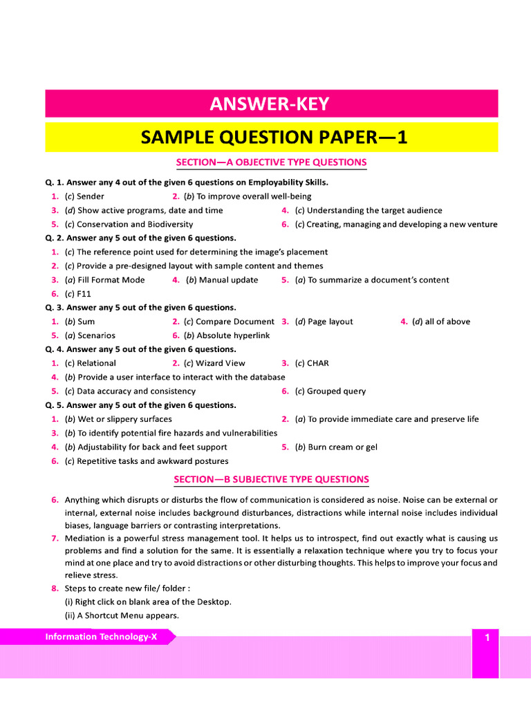 Sample Paper Answer Key - 1 | PDF