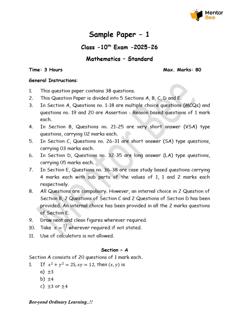 Class 10 Math Sample Paper 2025-26 | PDF | Circle | Zero Of A Function
