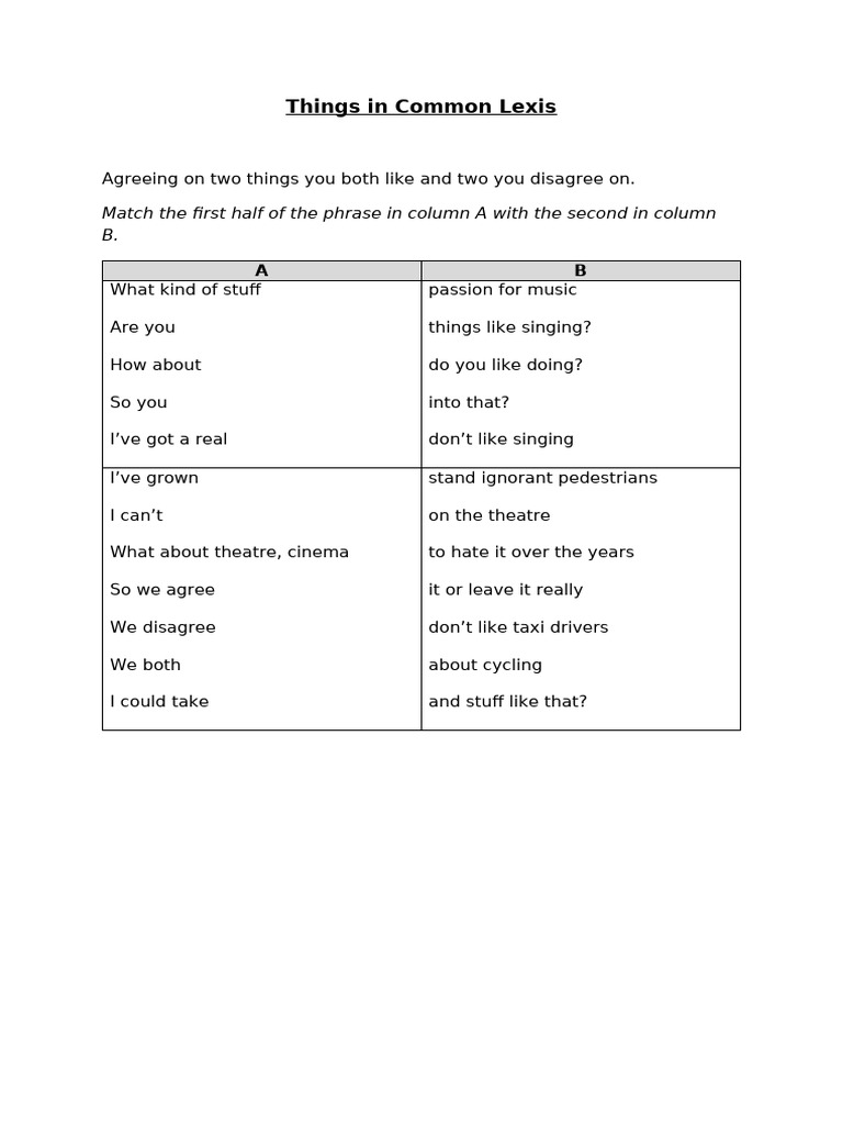 Things in Common Lexis Match | PDF