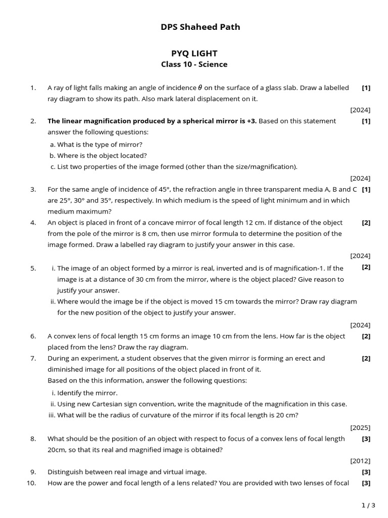 PYQ Light | PDF | Light | Electromagnetic Radiation