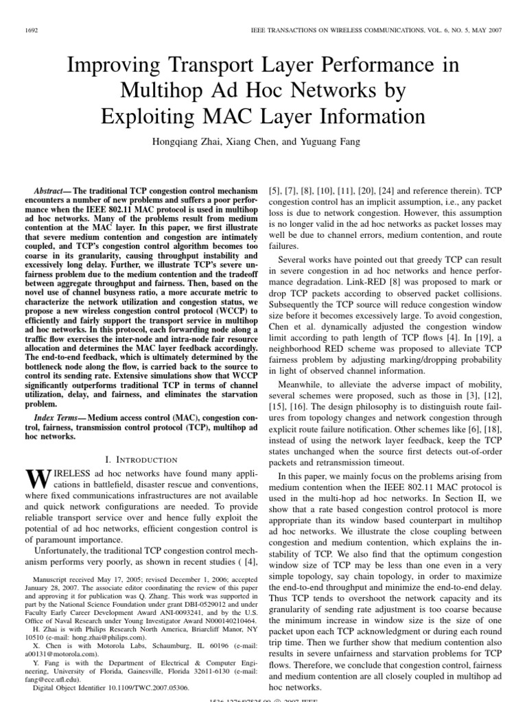 Improving Transport Layer Performance in Multihop Ad Hoc Networks by Exploiting MAC Layer ...