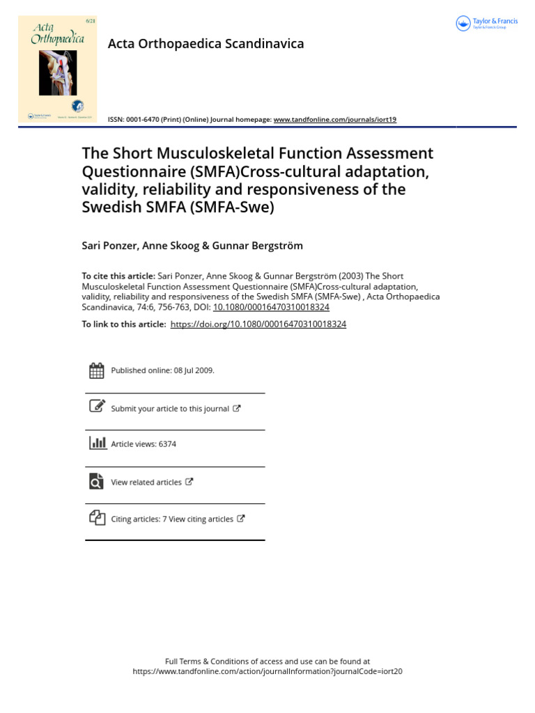 Swedish SMFA Questionnaire Validation | PDF | Knee | Validity (Statistics)