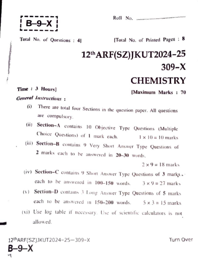 Chemistry Exam Question Paper | PDF | Chemical Reactions | Acid