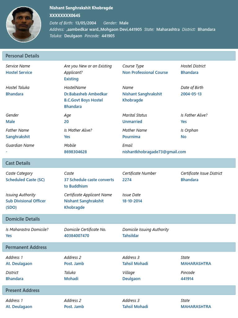 Nishant Khobragde Hostel Application | PDF