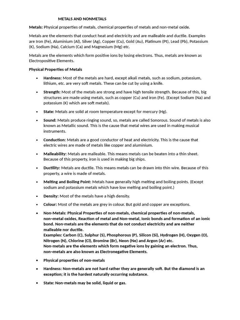 Metals and Nonmetals Notes | PDF | Ion | Chemical Compounds