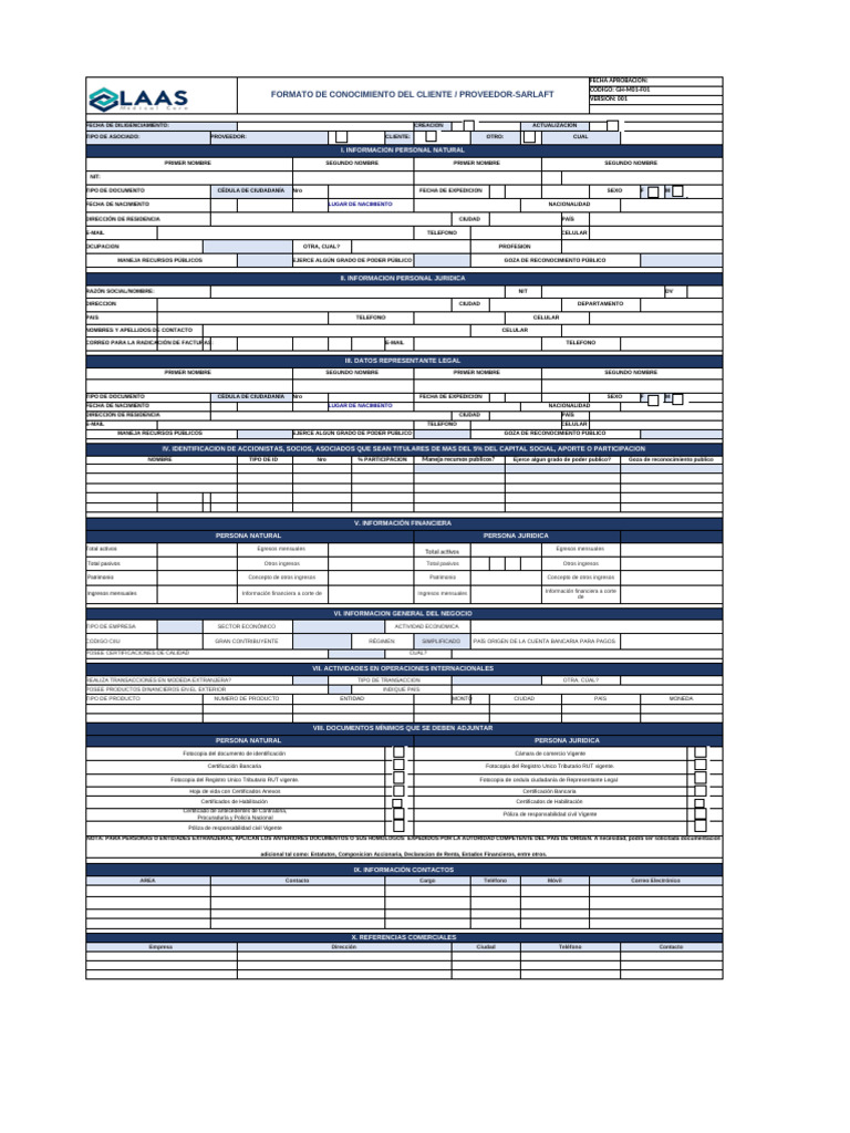 Formato de Conocimiento Del Cliente Proveedor Sarlaft Laas Ok | PDF ...