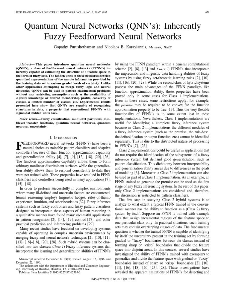 Quantum Neural Networks Qnns Inherently Fuzzy Feedforward Neural