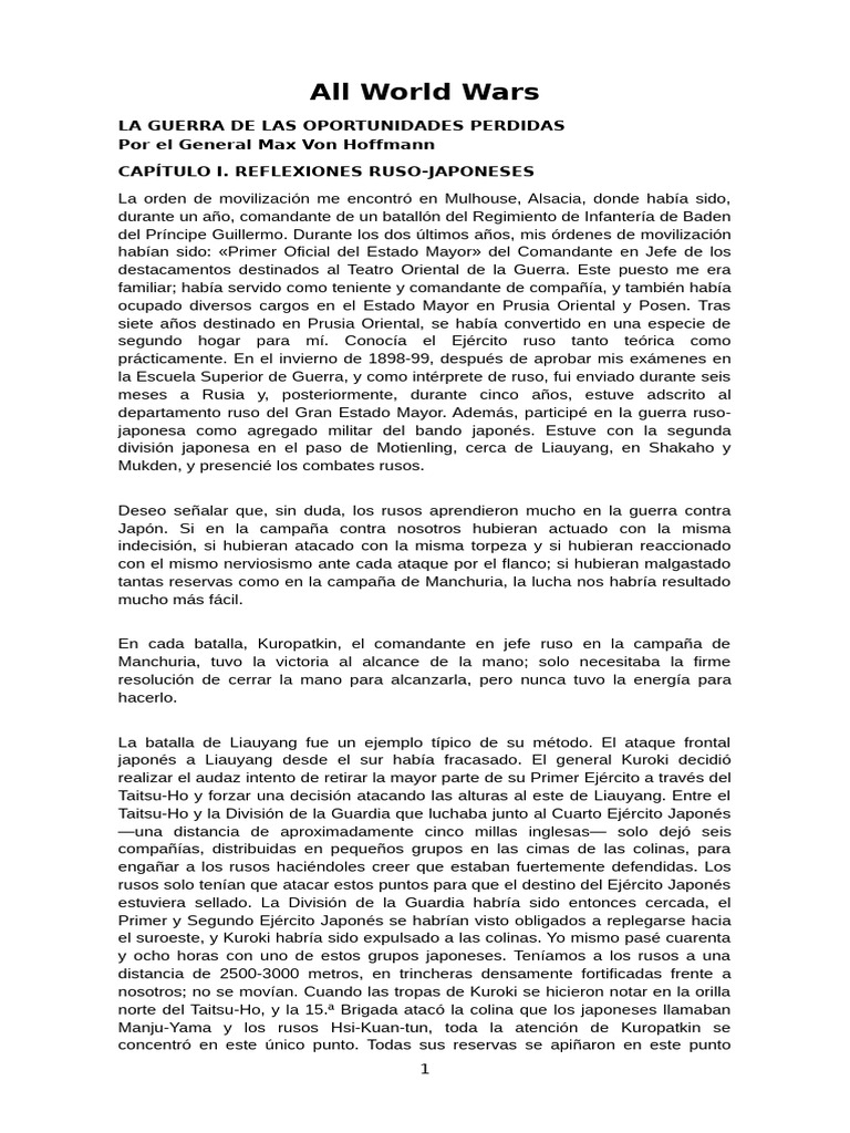 General Max Von Hoffmann - La Guerra de Las Oportunidades Perdidas ...