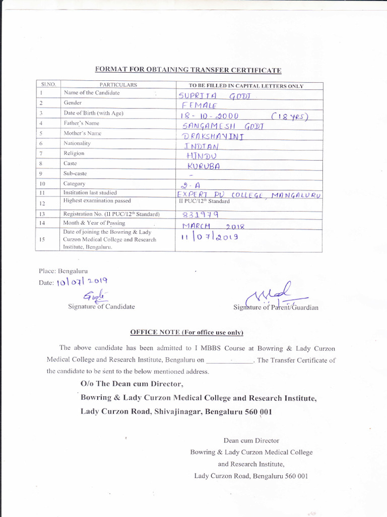 Transfer Certificate Application Format | PDF
