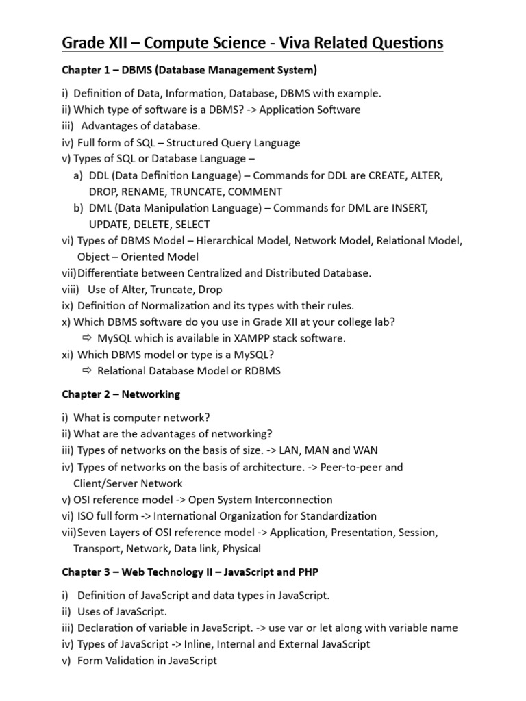 Grade XII Computer Science Viva Guide | PDF | Databases | Sql