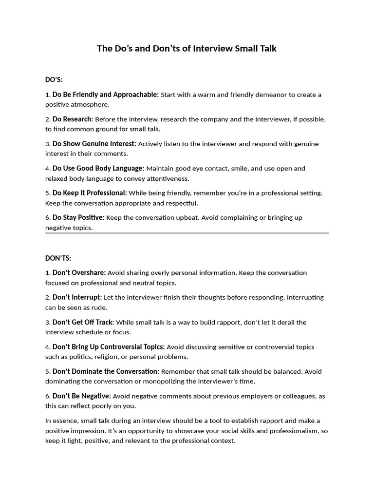 The Dos and Don'Ts of Interview Small Talk | PDF