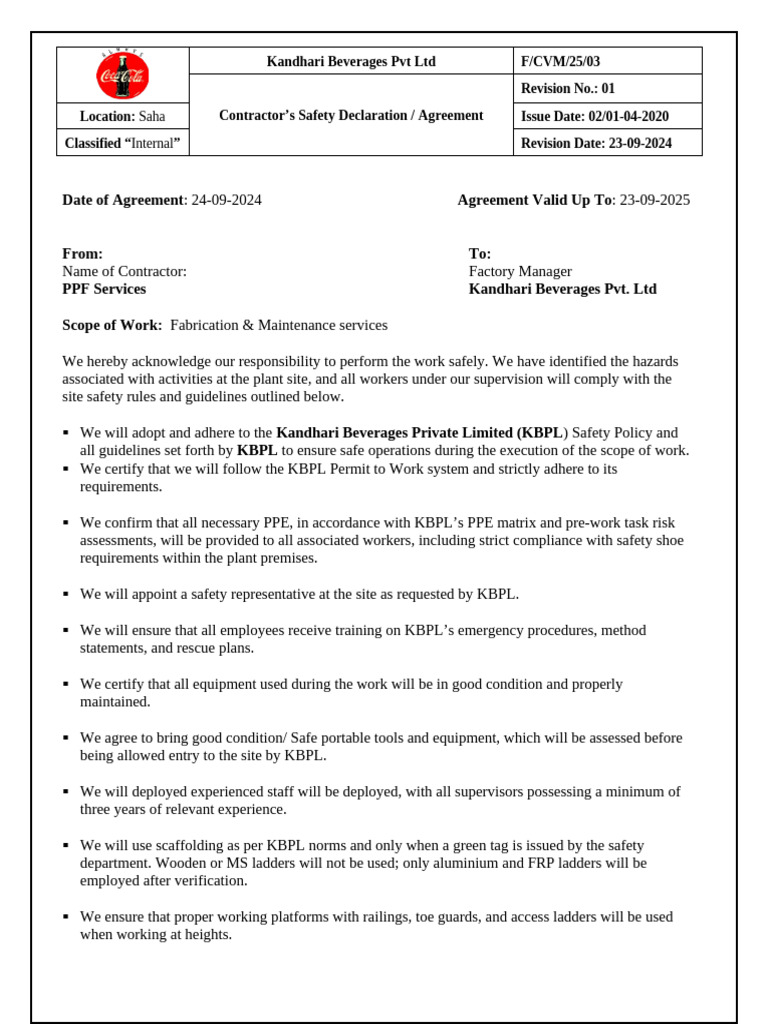 Contractor Safety Agreement for KBPL | PDF | Safety | Personal ...