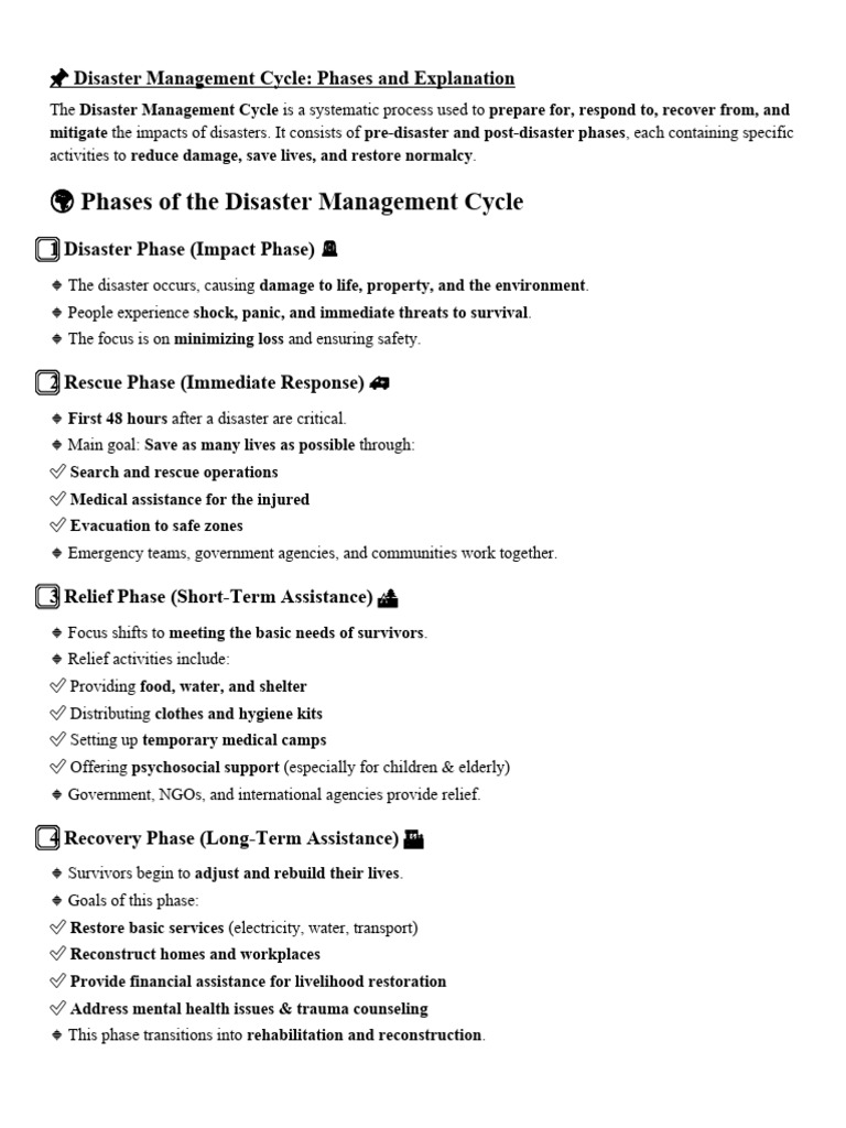 Disaster Management Cycle Phases and Explanation | PDF | Emergency ...