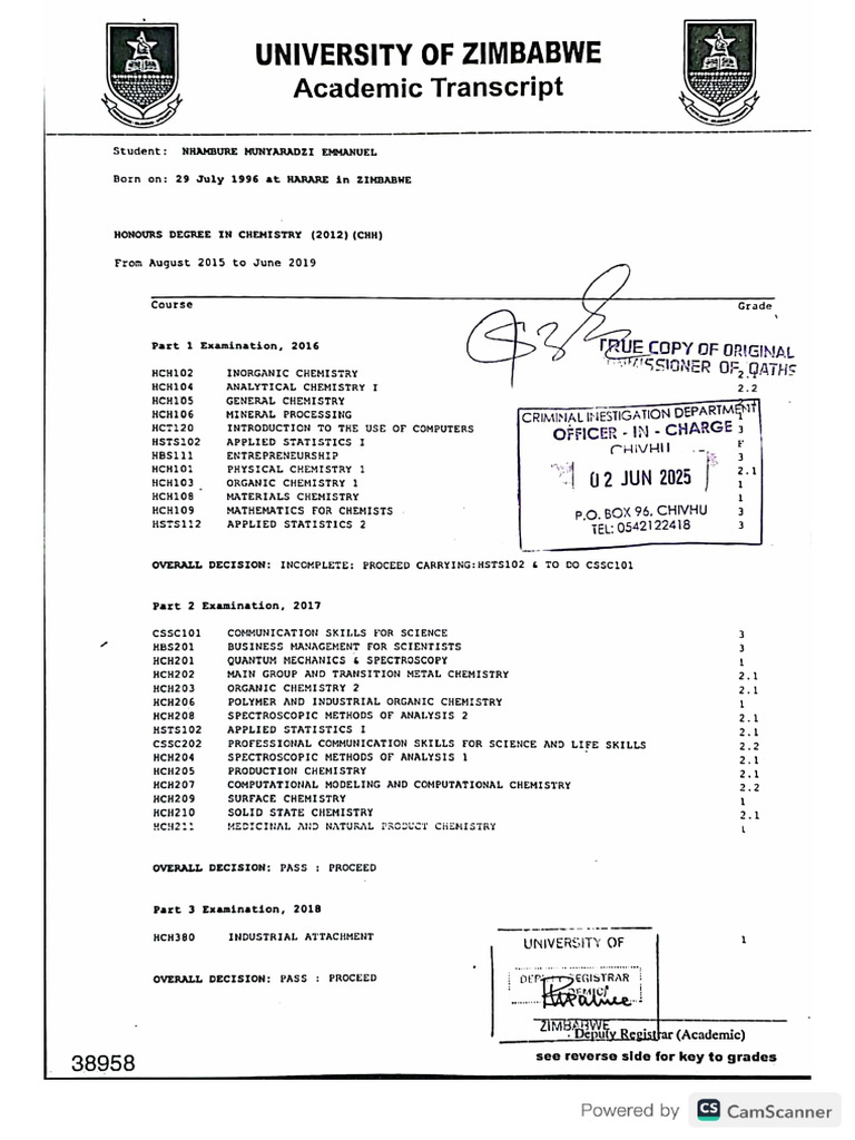 Certified Transcript For Munyaradzi Nhambure | PDF