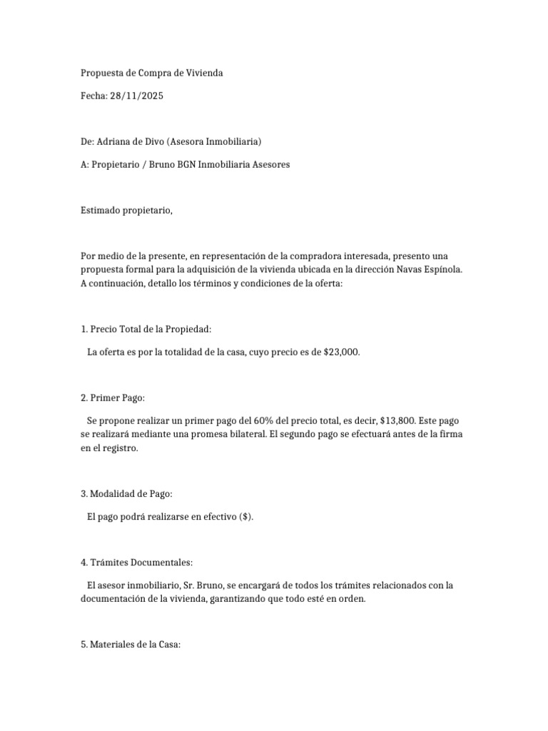 Propuesta de Compra de Vivienda en Navas Espínola | PDF