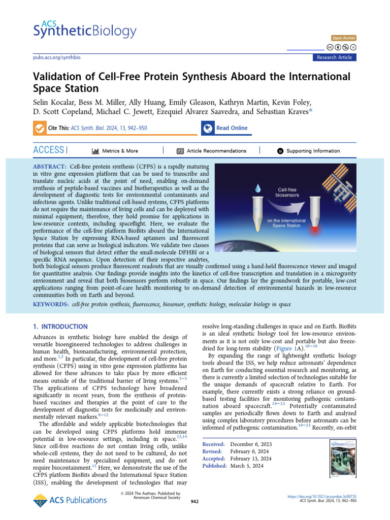 Validation of Cell Free Protein Synthesis Aboard The International ...