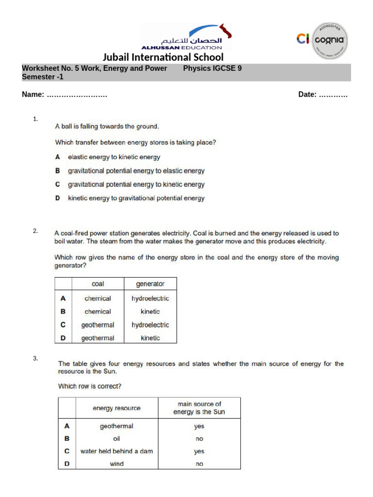 Worksheet Work, Energy and Power | PDF