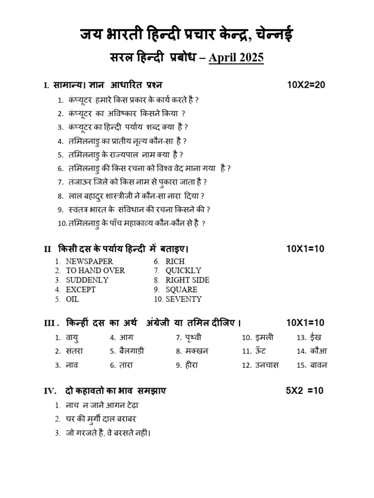 Saral Hindi Prabodh Examination QP - 2025 | PDF