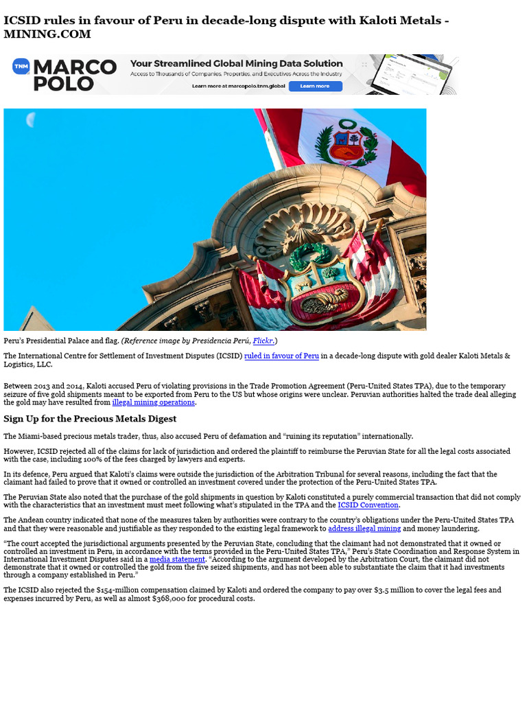 ICSID Rules in Favour of Peru in Decade-long Dispute With Kaloti Metals ...