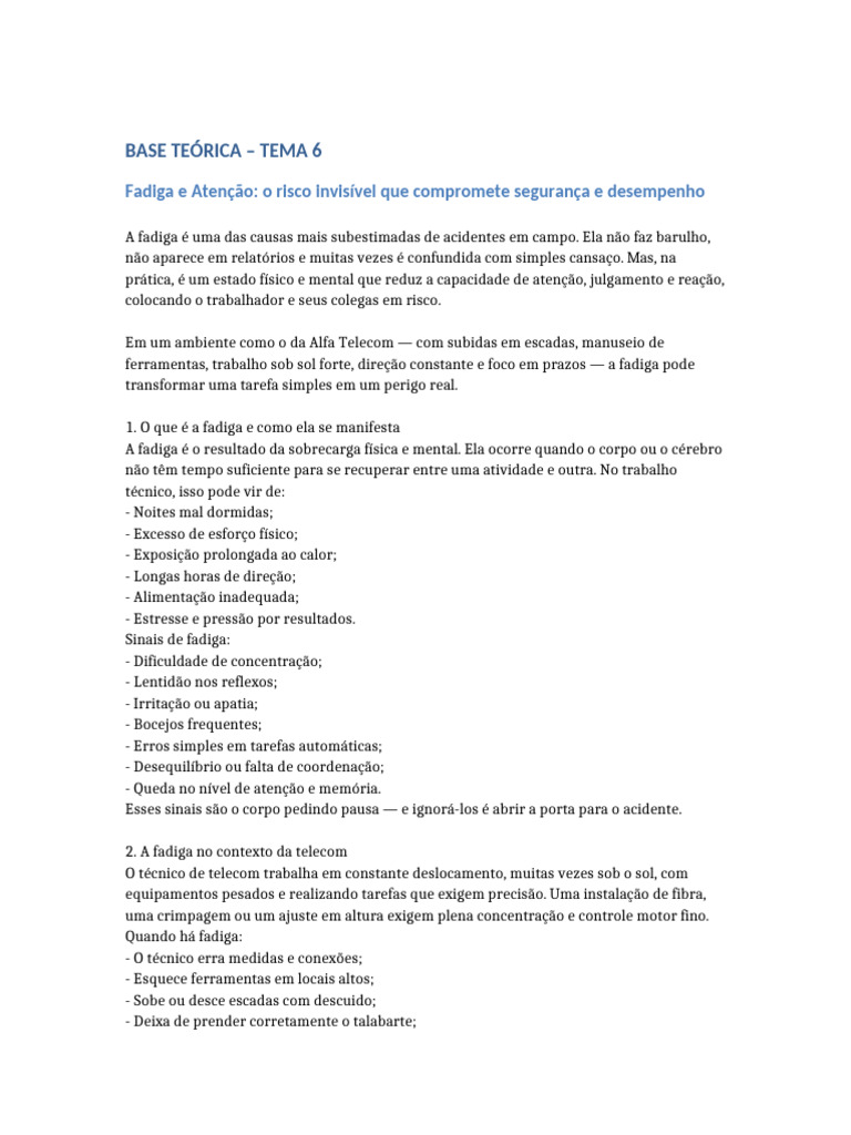 Fadiga e Atenção: Riscos na Telecom | PDF | Atenção